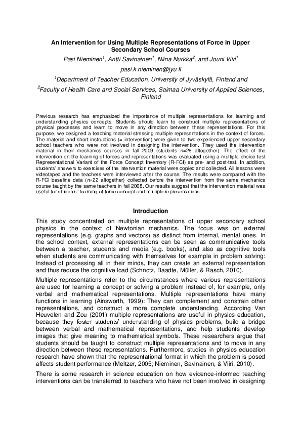(PDF) An Intervention for Using Multiple Representations of Mechanics in Upper Secondary School ...