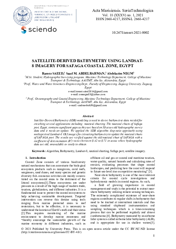 (PDF) Satellite-Derived Bathymetry Using Landsat-8 Imagery for Safaga Coastal Zone, Egypt
