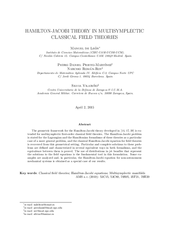 (PDF) Hamilton-Jacobi theory in multisymplectic classical field ...