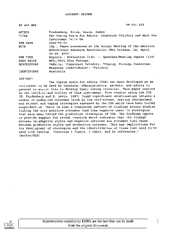 (PDF) The Coping Scale for Adults: Construct Validity and What the ...