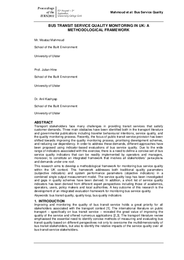 (PDF) Bus Transit Service Quality Monitoring in Uk: A Methodological Framework