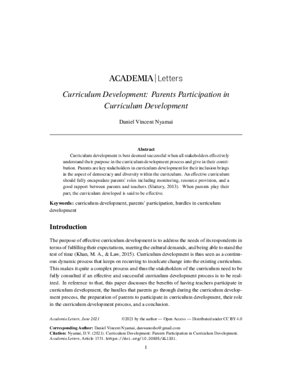 (PDF) Curriculum Development: Parents Participation in Curriculum ...