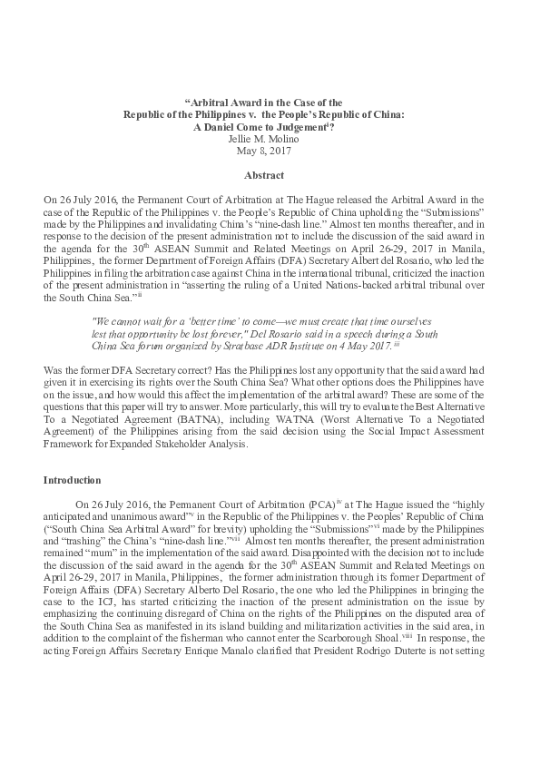 (PDF) "Arbitral Award in the Case of the Republic of the Philippines v ...