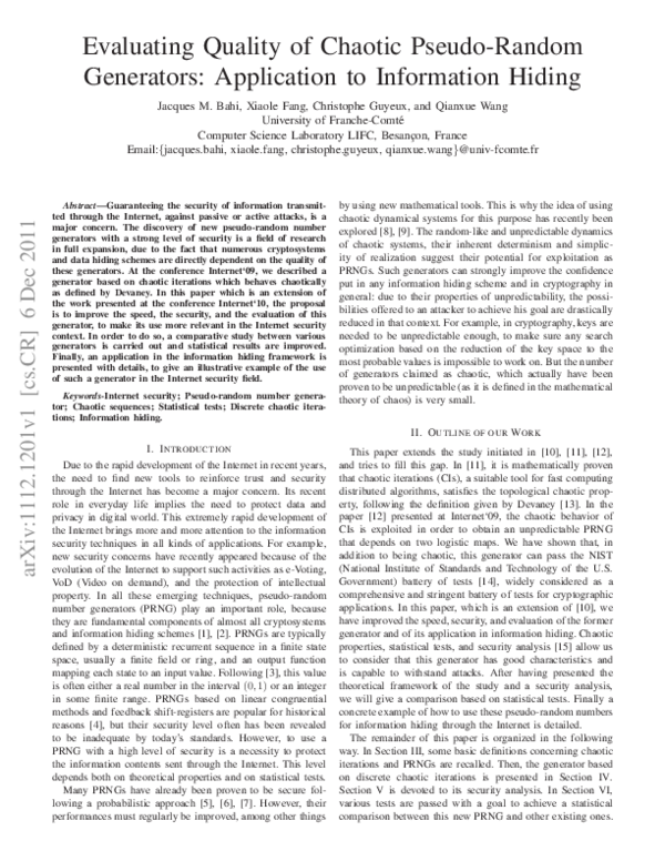 (PDF) Evaluating Quality of Chaotic Pseudo-Random Generators: Application toInformation Hiding