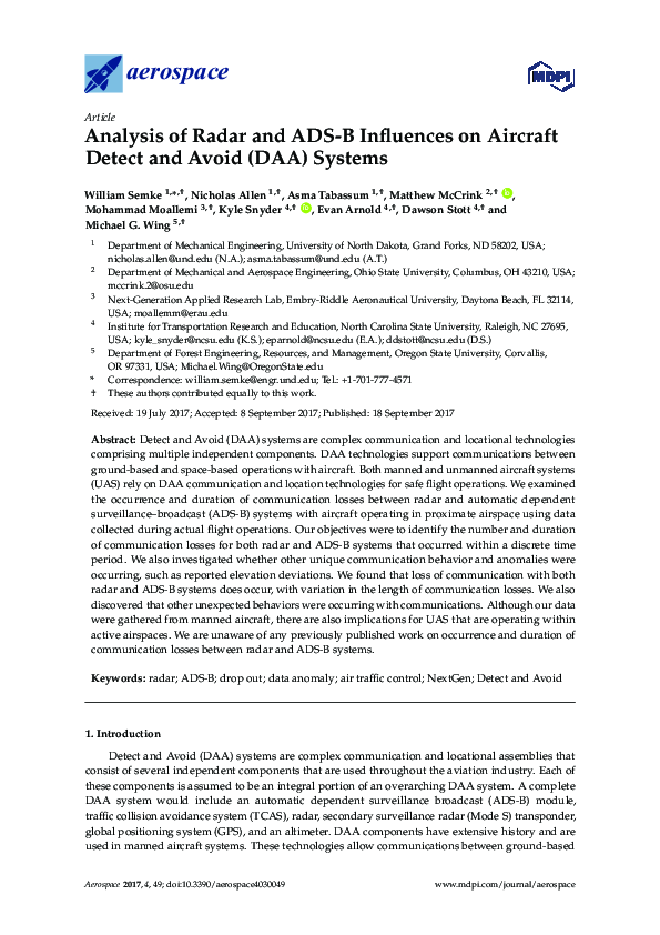 (PDF) Analysis of Radar and ADS-B Influences on Aircraft Detect and Avoid (DAA) Systems