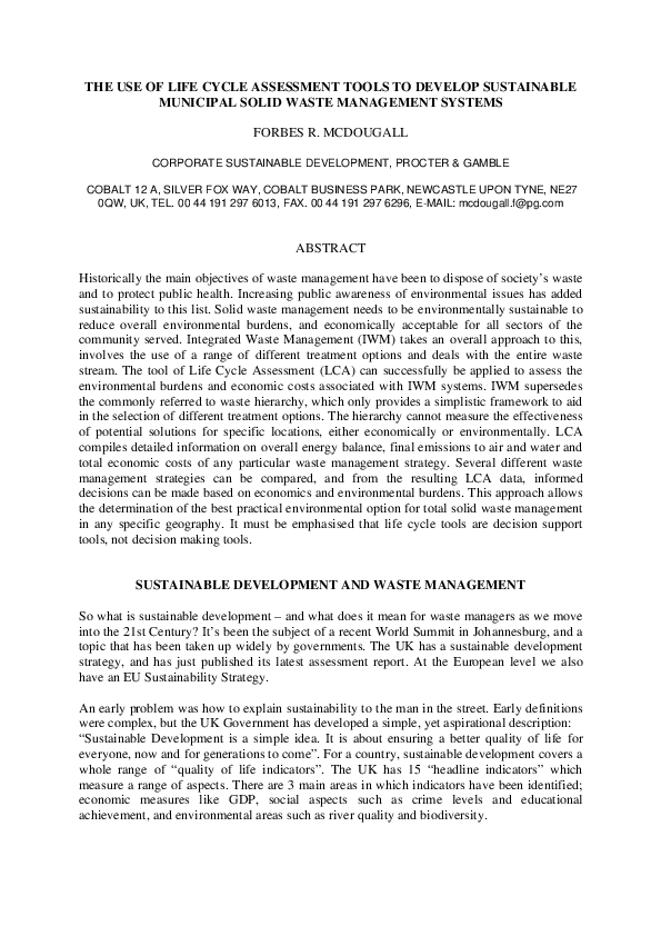 (PDF) The use of life cycle assessment tools to develop sustainable municipal solid waste ...
