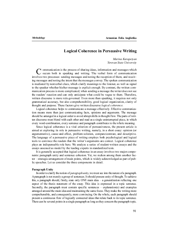Pdf Logical Coherence In Persuasive Writing