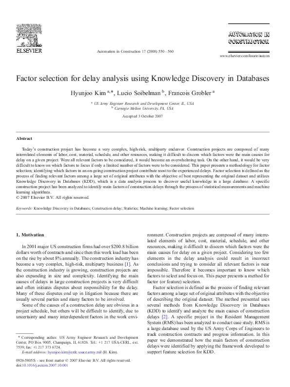 (PDF) Factor selection for delay analysis using Knowledge Discovery in Databases
