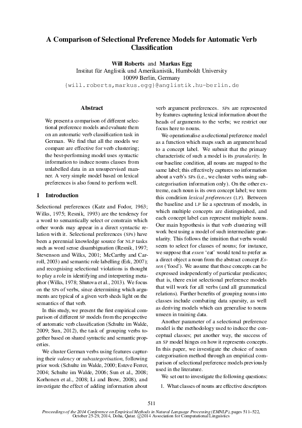 (PDF) A Comparison of Selectional Preference Models for Automatic Verb Classification
