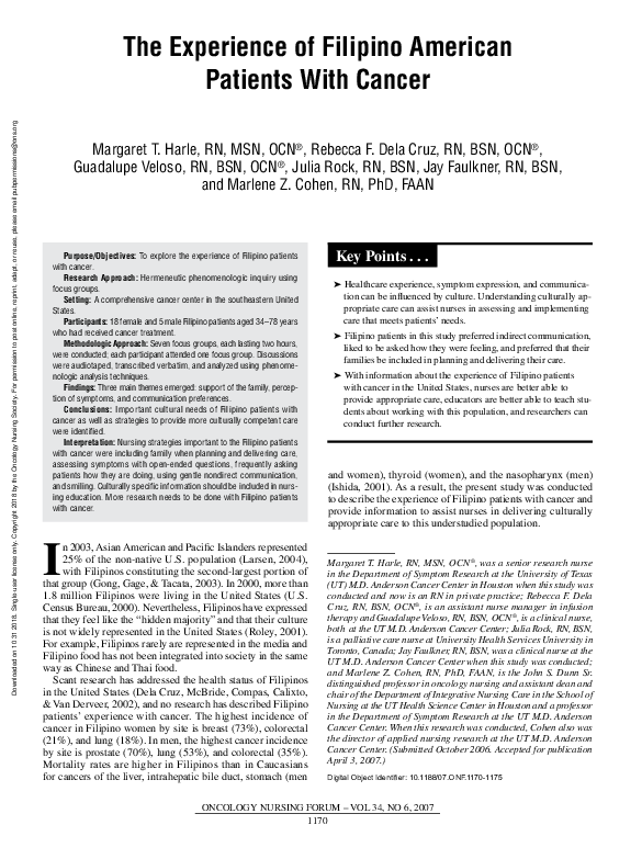 (PDF) The Experiences of Filipino American Patients With Cancer