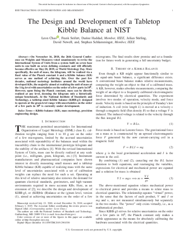 (PDF) The Design and Development of a Tabletop Kibble Balance at NIST