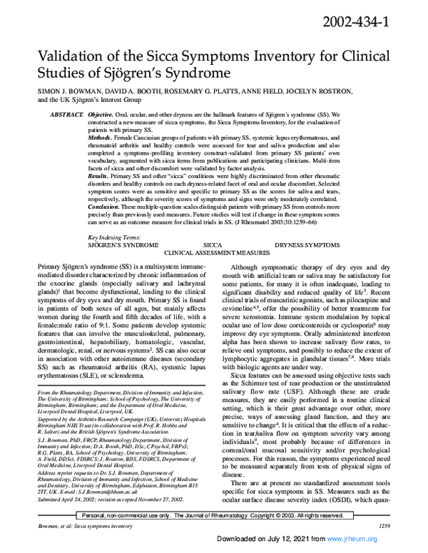 (PDF) Validation of the Sicca Symptoms Inventory for clinical studies ...