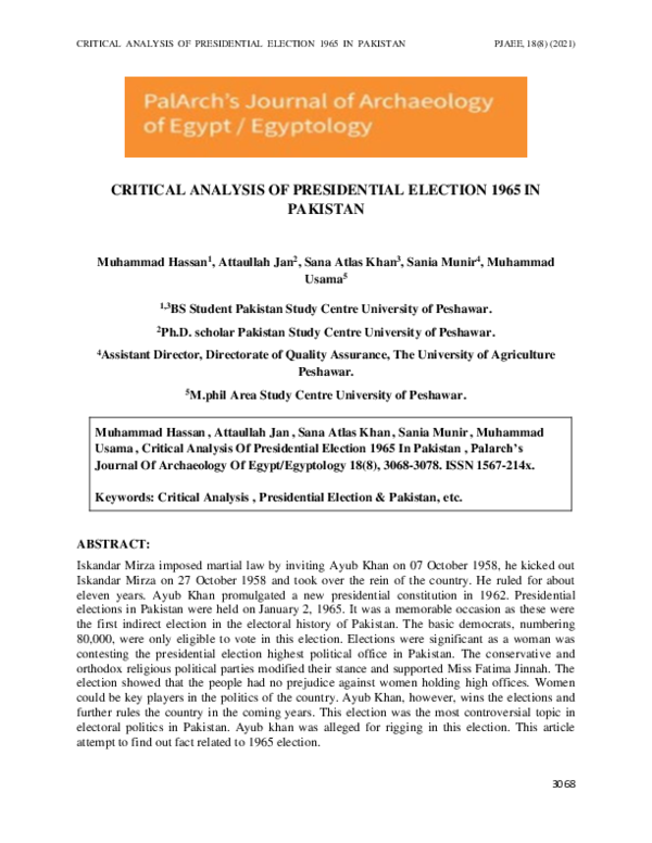 (PDF) CRITICAL ANALYSIS OF PRESIDENTIAL ELECTION 1965 IN PAKISTAN