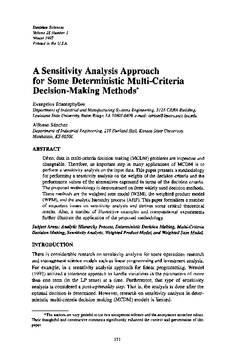 (PDF) A Sensitivity Analysis Approach for Some Deterministic Multi-Criteria Decision-Making Methods