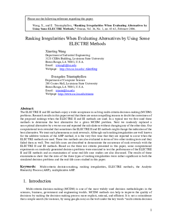(PDF) Ranking Irregularities When Evaluating Alternatives by Using Some ELECTRE Methods