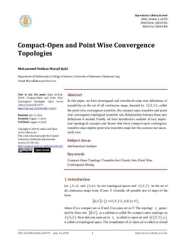 (PDF) Compact-Open and Point Wise Convergence Topologies
