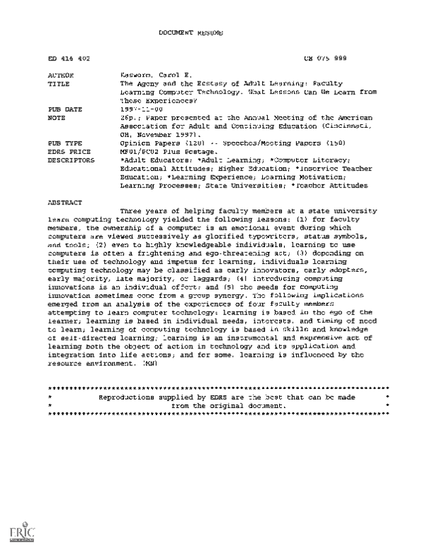 (PDF) The Agony and the Ecstasy of Adult Learning: Faculty Learning ...