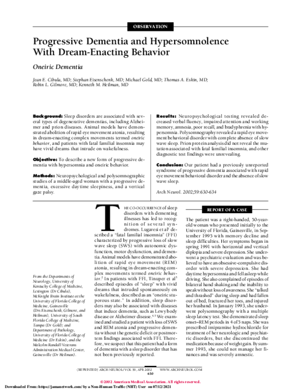 (PDF) Progressive Dementia and Hypersomnolence With Dream-Enacting Behavior
