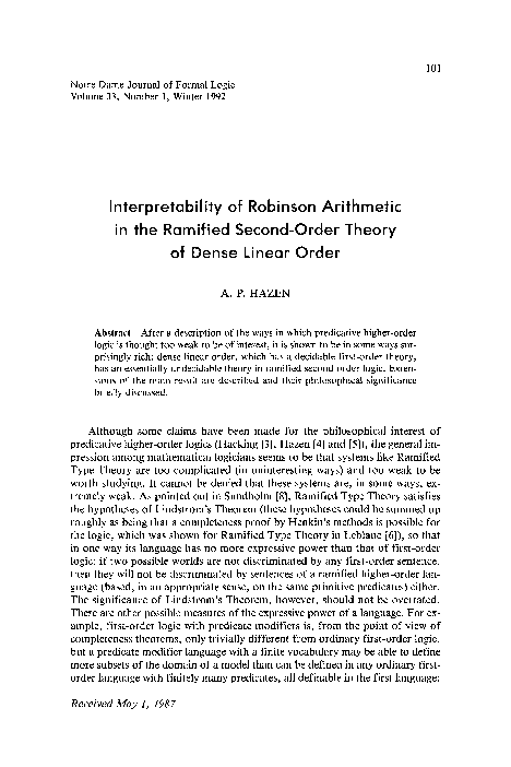 (PDF) Interpretability of Robinson arithmetic in the ramified second-order theory of dense ...