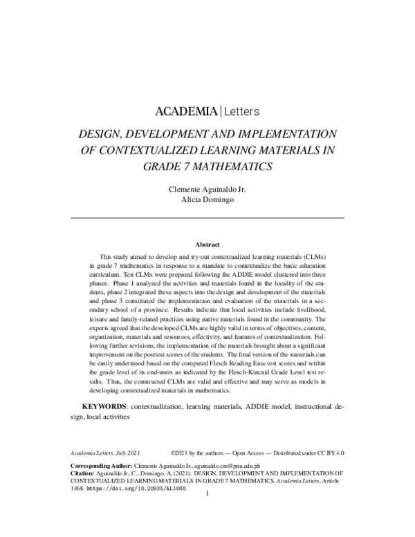 (PDF) DESIGN, DEVELOPMENT AND IMPLEMENTATION OF CONTEXTUALIZED LEARNING ...