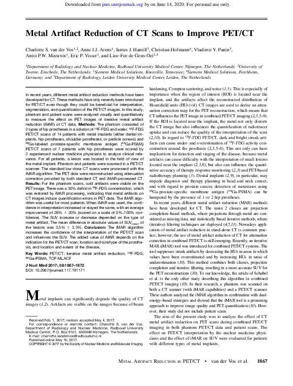 (PDF) Metal artifact reduction of CT scans to improve PET/CT