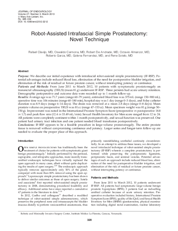(PDF) Robot-Assisted Intrafascial Simple Prostatectomy: Novel Technique