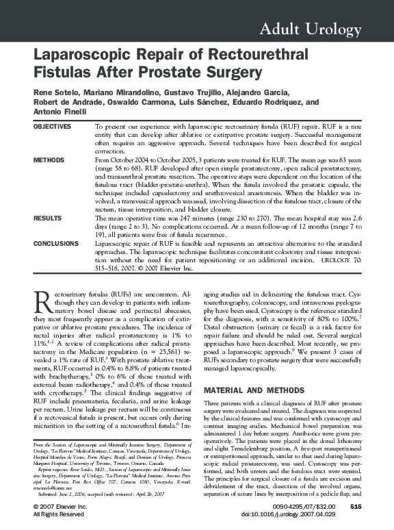 (PDF) Laparoscopic Repair of Rectourethral Fistulas After Prostate Surgery