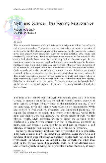 (PDF) Myth and Science: Their Varying Relationships