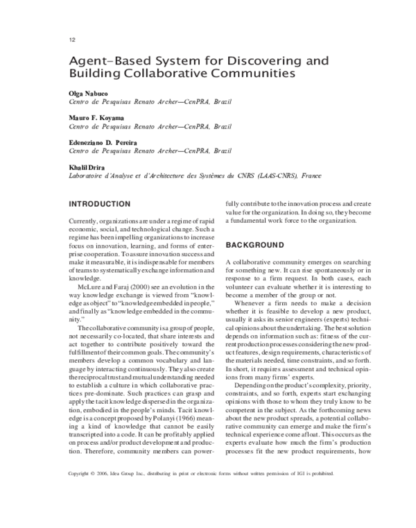 (PDF) Agent-Based System for Discovering and Building Collaborative Communities | Olga Nabuco ...