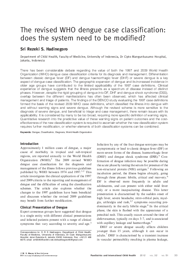 (PDF) The revised WHO dengue case classification: does the system need ...