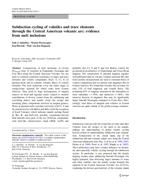 (PDF) Subduction cycling of volatiles and trace elements through the ...