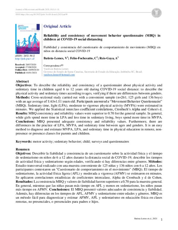 (PDF) Reliability and consistency of movement behavior questionnaire ...