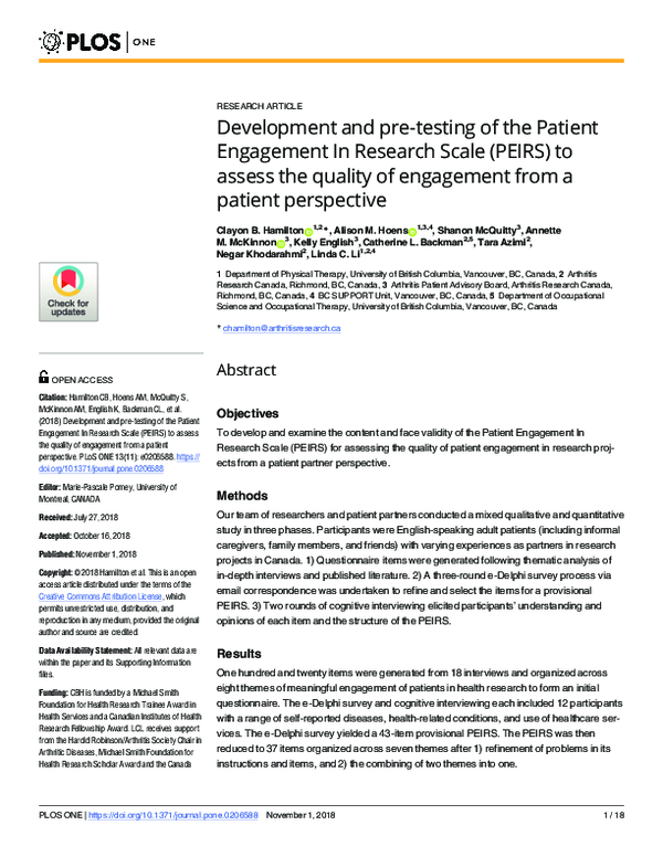 (PDF) Development and pre-testing of the Patient Engagement In Research ...
