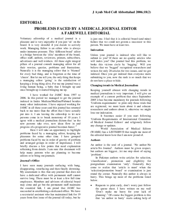 (PDF) Problems faced by a medical journal editor – A farewell editorial