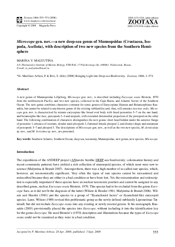 (PDF) Microcope gen. nov.—a new deep-sea genus of Munnopsidae ...