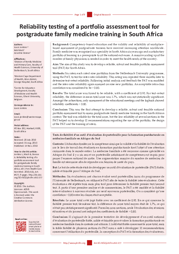 (PDF) Reliability testing of a portfolio assessment tool for ...