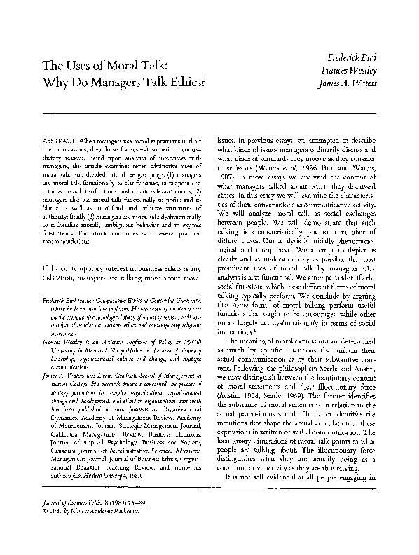 (PDF) The uses of moral talk: Why do managers talk ethics?