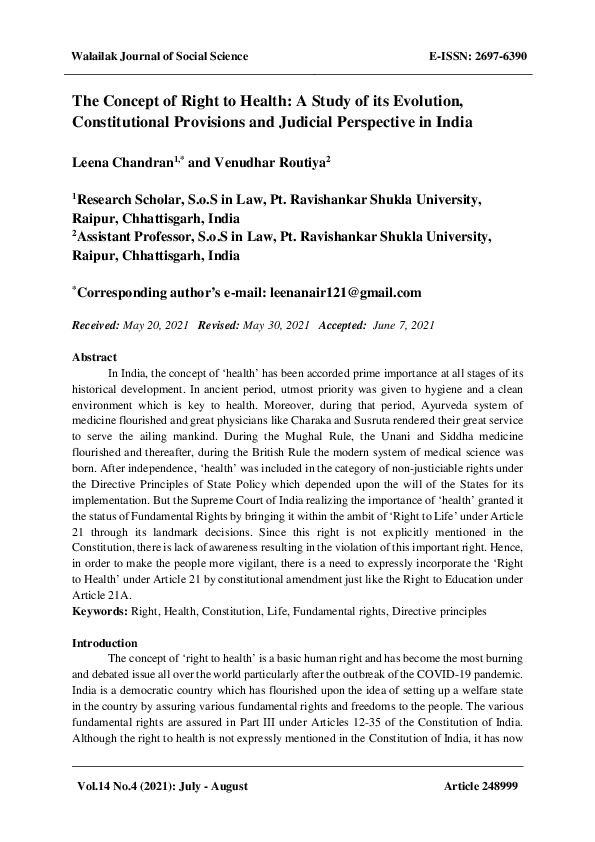 (PDF) The Concept of Right to Health: A Study of its Evolution ...