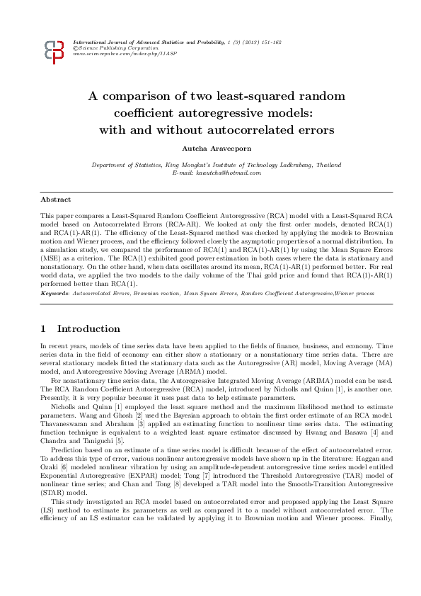 Pdf A Comparison Of Two Least Squared Random Coefficient Autoregressive Models With And