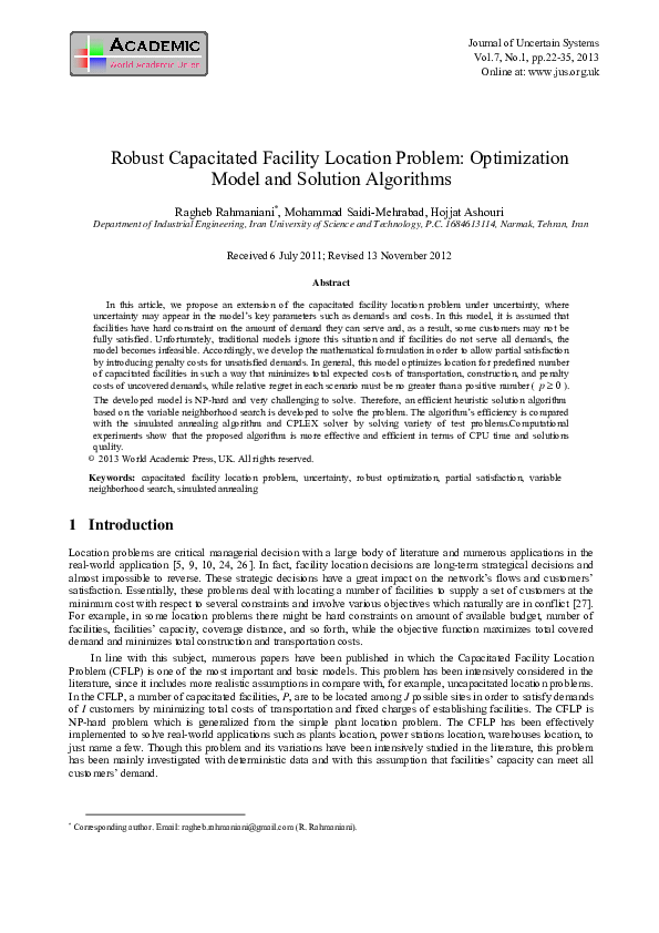 Pdf Robust Capacitated Facility Location Problem Optimization Model And Solution Algorithms