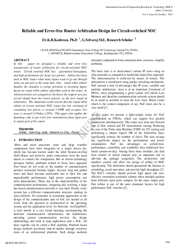 Pdf Ijert Reliable And Error Free Router Arbitration Design For