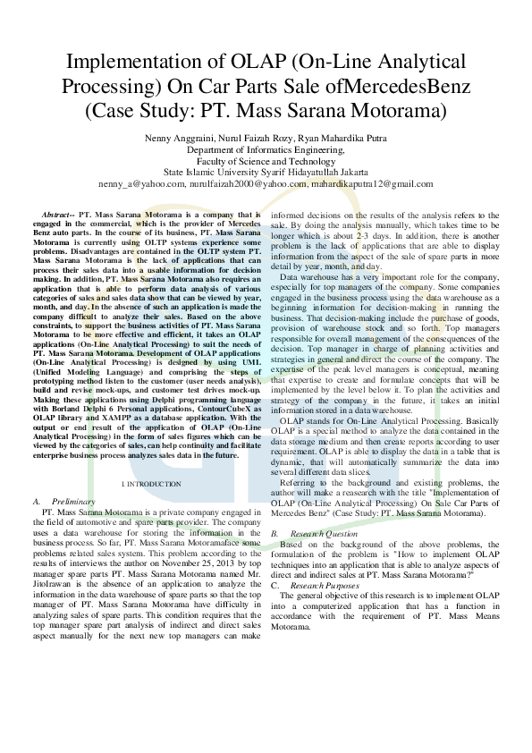 (PDF) Implementation of OLAP (On-Line Analytical Processing) on car parts sale of Mercedes Benz ...