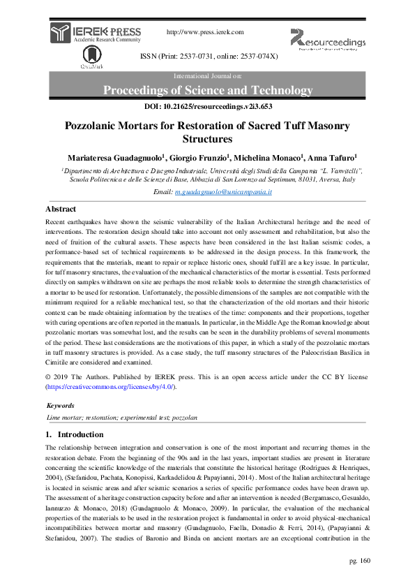 (PDF) Pozzolanic Mortars for Restoration of Sacred Tuff Masonry Structures