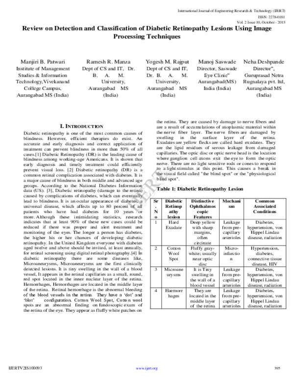 Ijert Review On Detection And Classification Of Diabetic Retinopathy Lesions Using Image