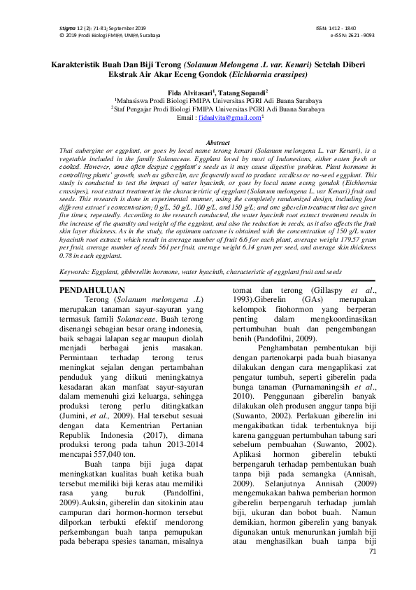 (PDF) Karakteristik Buah Dan Biji Terong (Solanum Melongena .L var ...