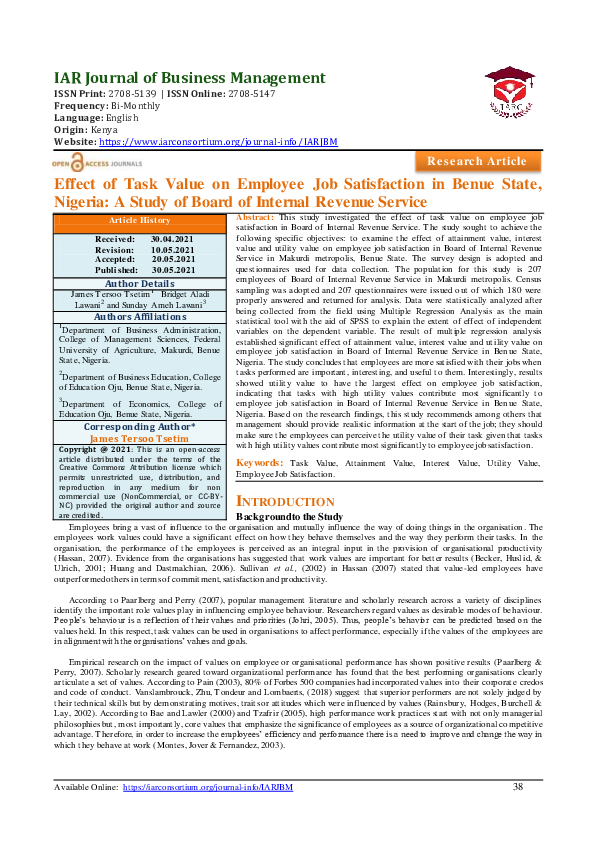 (PDF) Effect of Task Value on Employee Job Satisfaction in Benue State ...