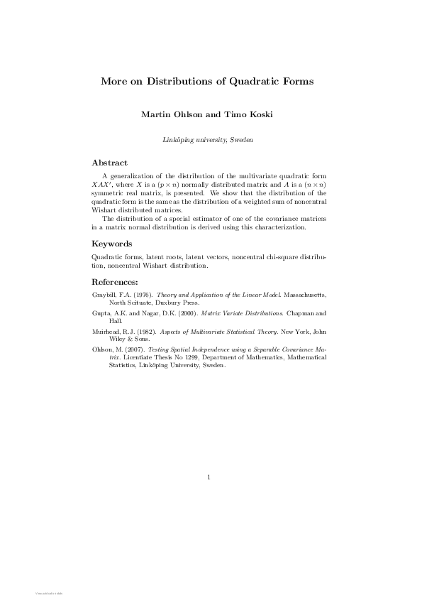 (PDF) More on Distributions of Quadratic Forms