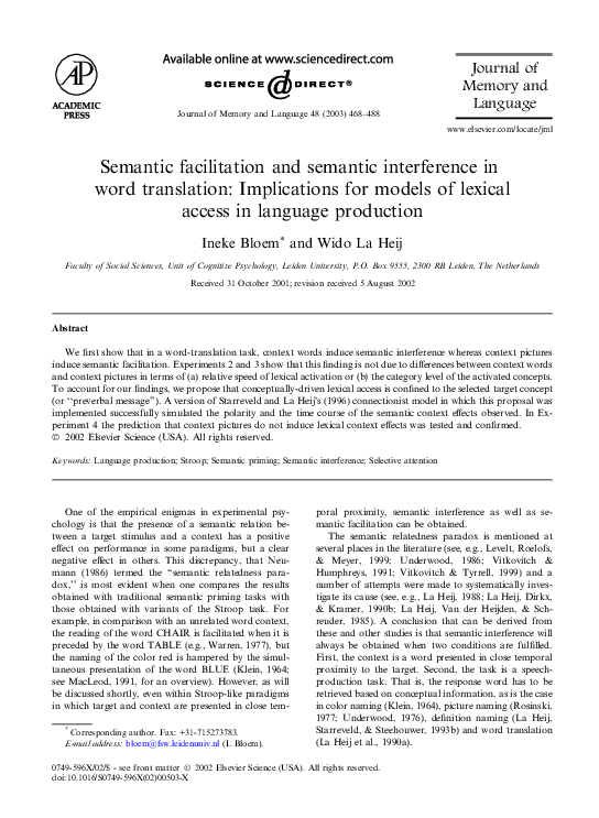 (PDF) Semantic facilitation and semantic interference in word ...