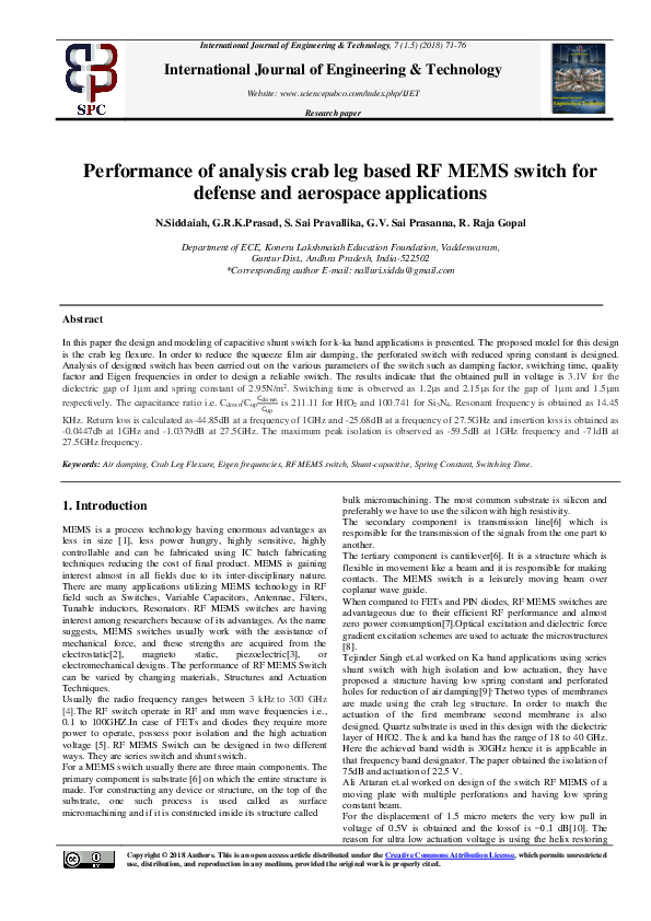 (PDF) Performance of analysis crab leg based RF MEMS switch for defense and aerospace ...
