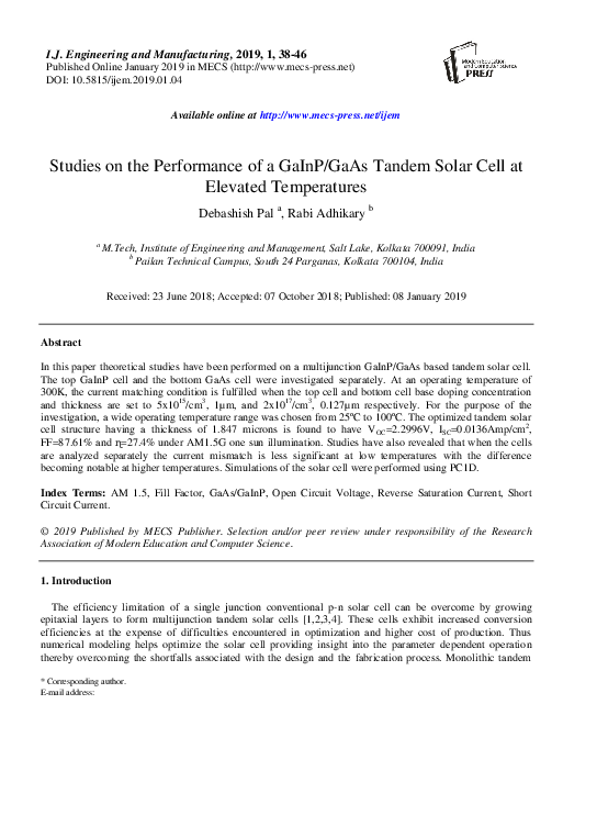 (PDF) Studies on the Performance of a GaInP/GaAs Tandem Solar Cell at ...